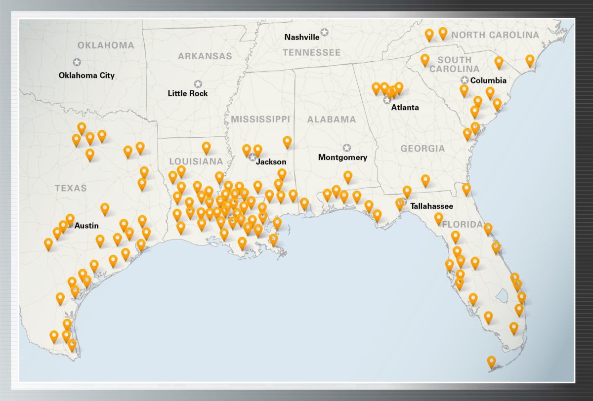 Map of counties in the Southeast U.S. with confirmed infestations of ...