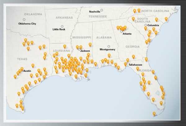 Map of counties in the Southeast U.S. with confirmed infestations of ...